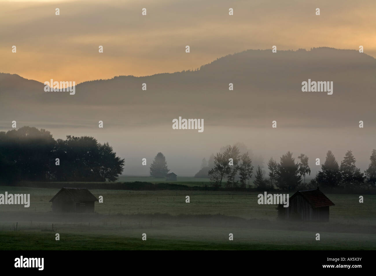 Cabins, fog-covered landscape, Bavarian pre-Alps, Upper Bavaria ...