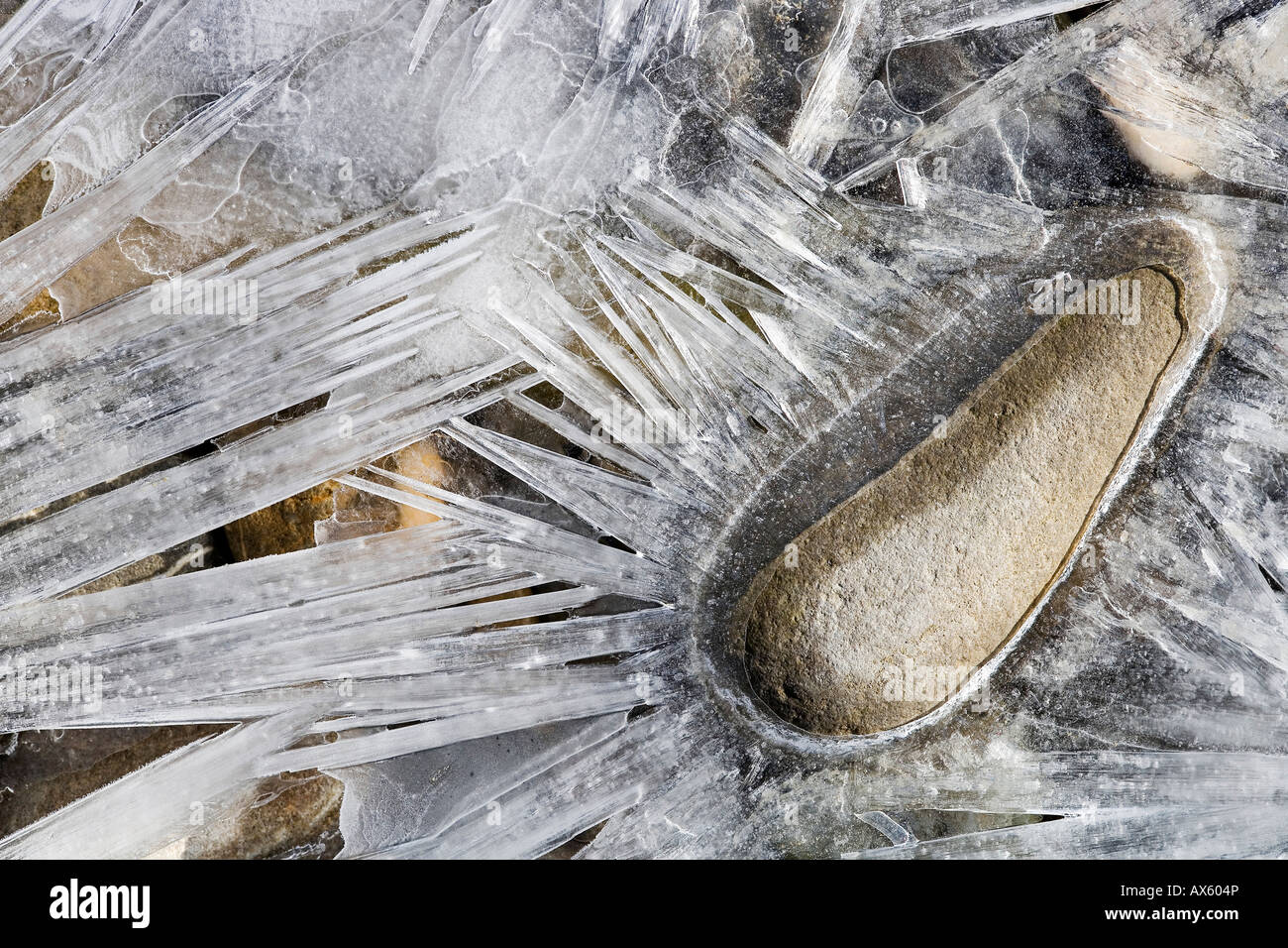 Stone frozen in ice, interesting ice formations Stock Photo - Alamy