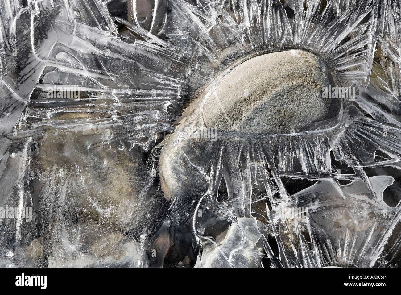Stone frozen in ice, interesting ice formations Stock Photo - Alamy