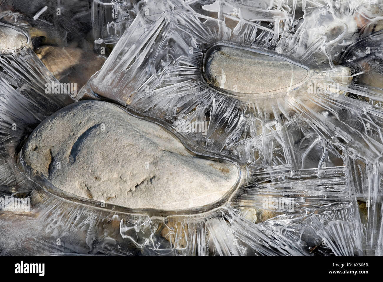 Stones frozen in ice, interesting ice formations Stock Photo - Alamy