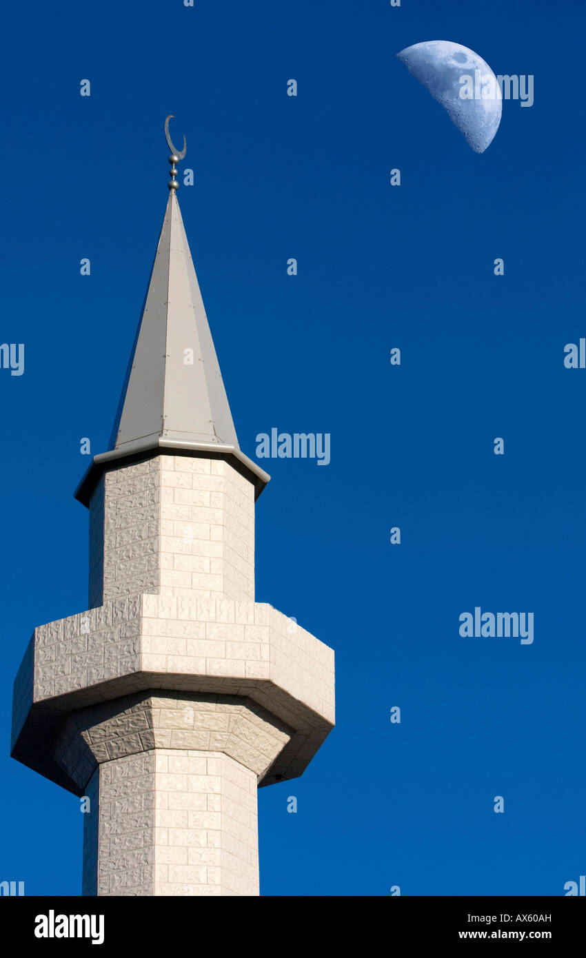 Half-moon in the sky over a mosque in Goettingen, Lower Saxony, Germany ...