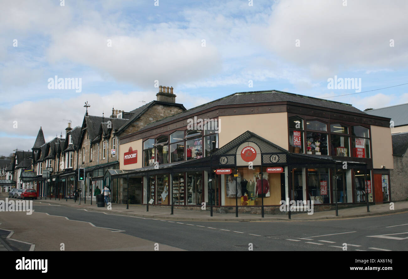 Pitlochry street scene with numerous shops Scottish Highlands March ...