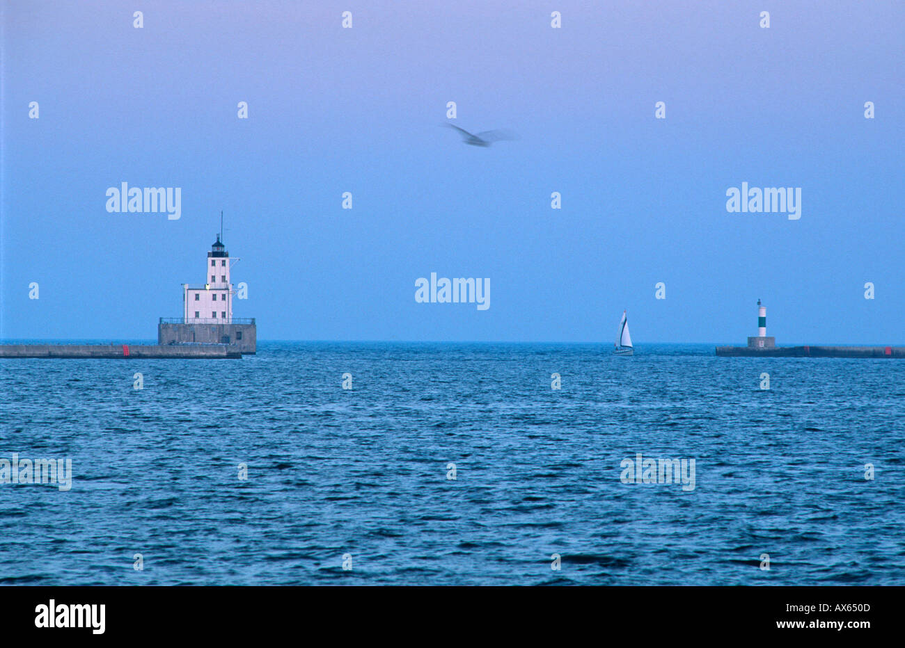 Lighthouse at dusk, Milwaukee harbour Lake Michigan Wisconsin USA ...