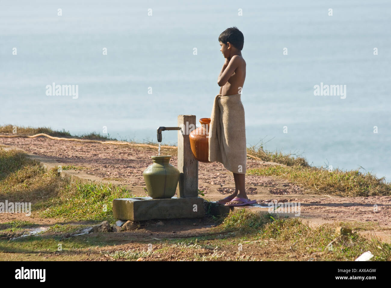 Boy Getting Water from a Well Near the Ocean in Varkala South India ...