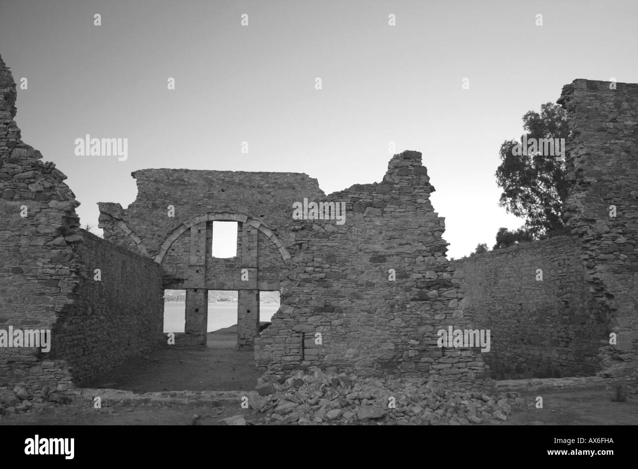 Landscape view of Russian Bay ruins of Dockyard on Poros Island, Greece ...