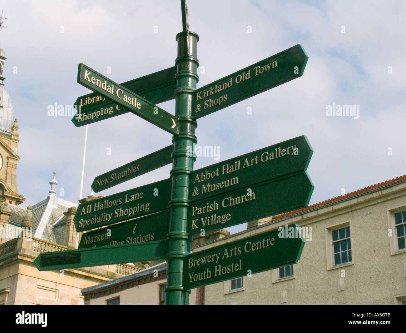 KENDAL LAKE DISTRICT CUMBRIA UK October Multi arm green signpost ...