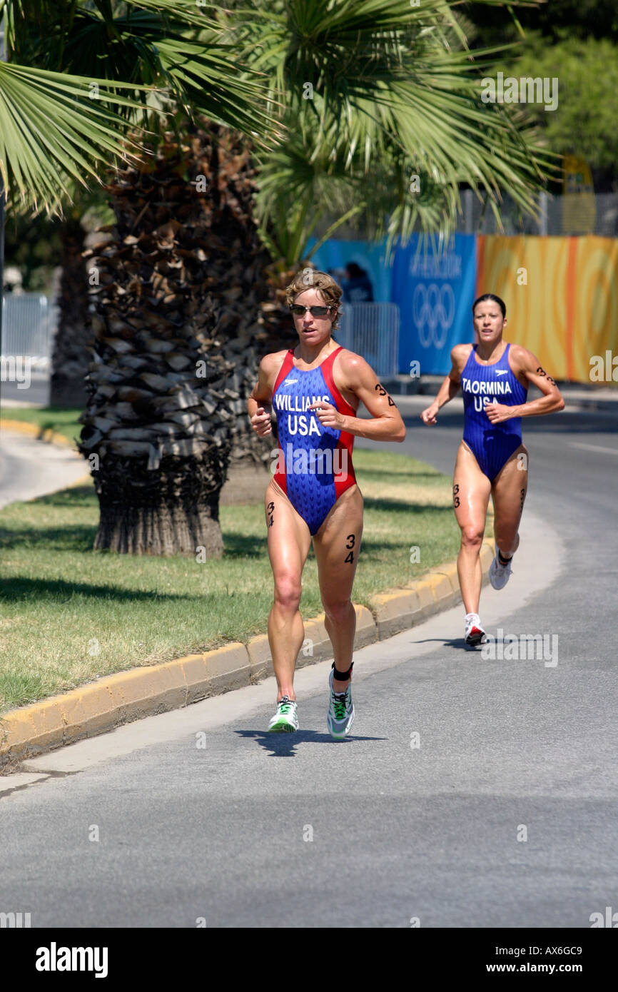 Susan Williams USA out on the run section of the triathlon course ...