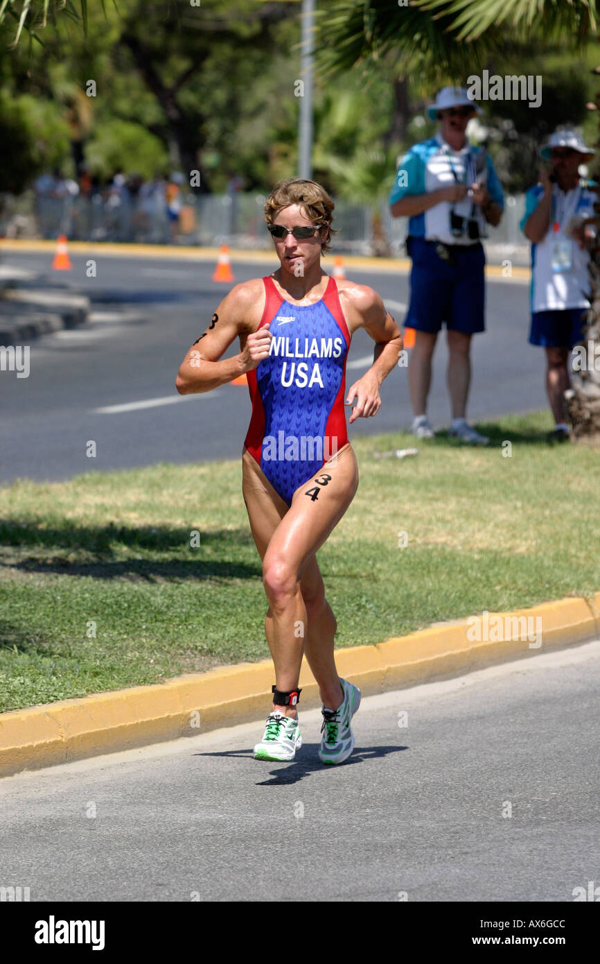 Susan Williams USA out on the run section of the triathlon course along ...