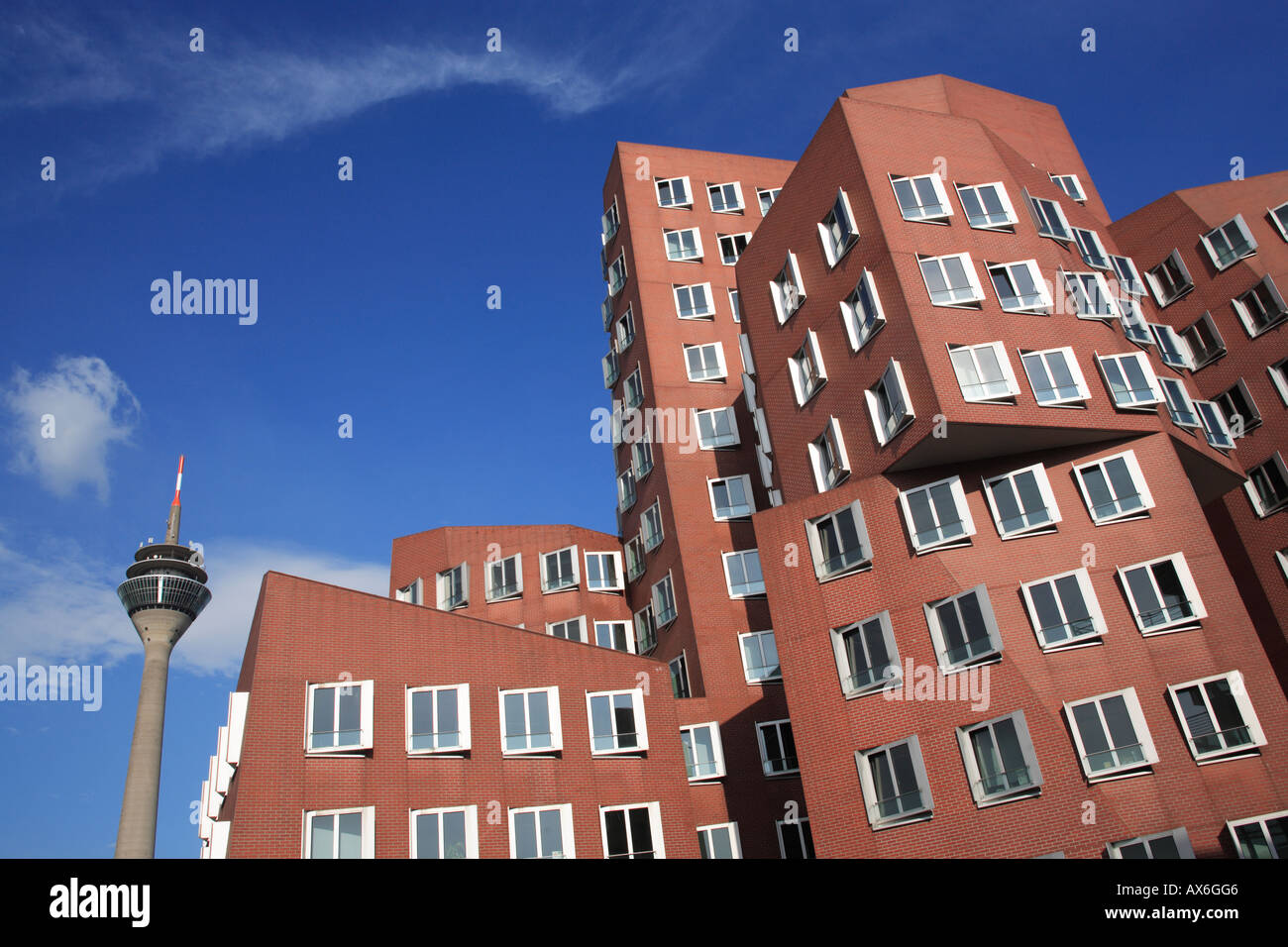 frank o. gehry buildings at zollhof and television tower in dusseldorf ...