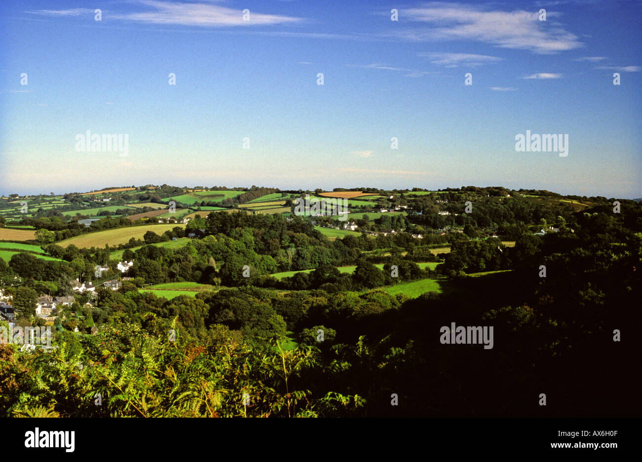A view of Sticklepath and neighbouring Skaigh Woods in the rural Devon ...