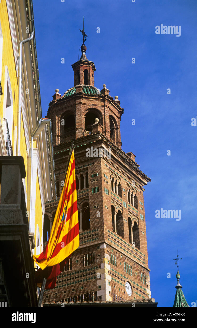 Teruel mudejar tower and regional flag red yellow hi-res stock ...