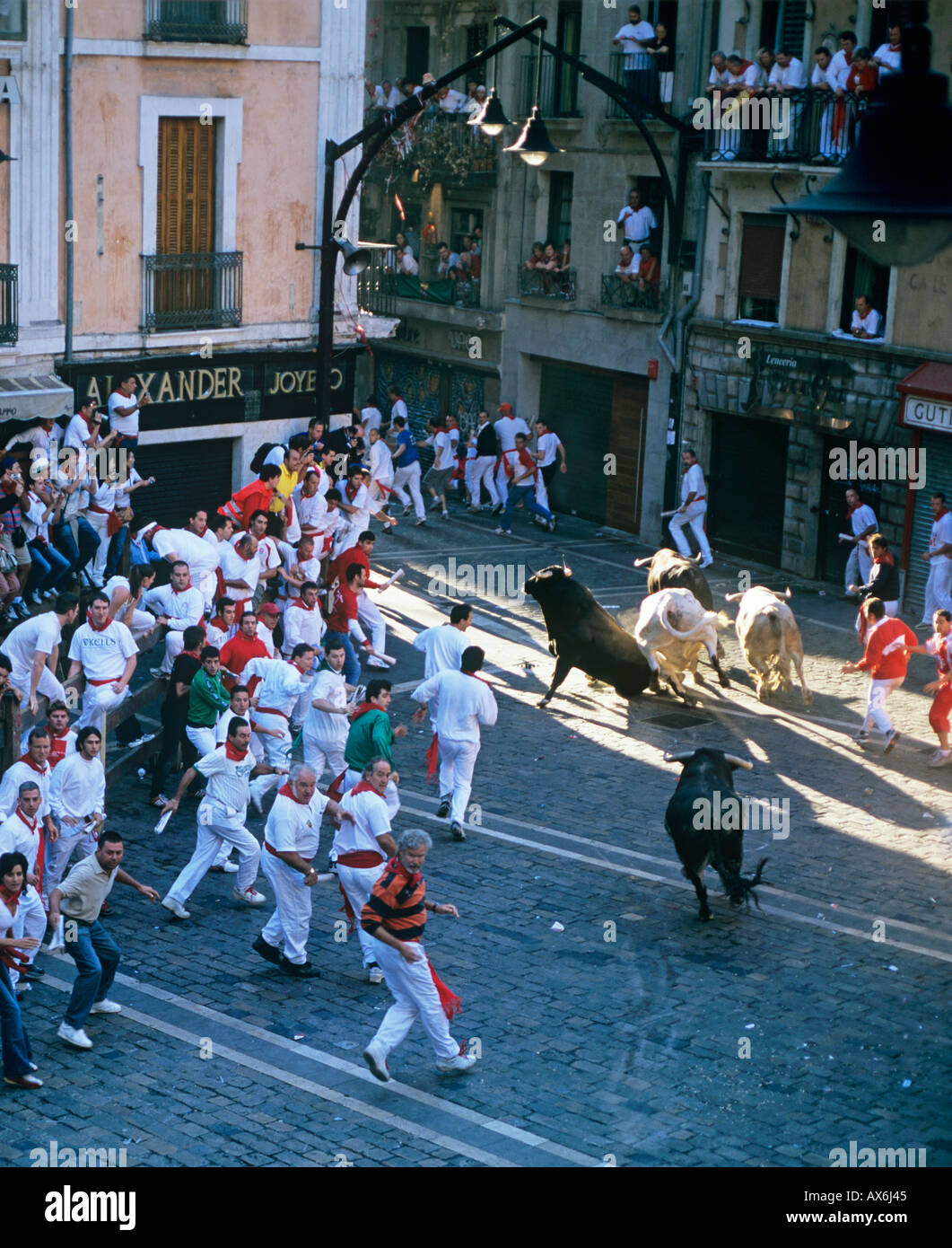 Pamplona Running of the bulls, San Fermin Bull run Spain. Encierros de ...