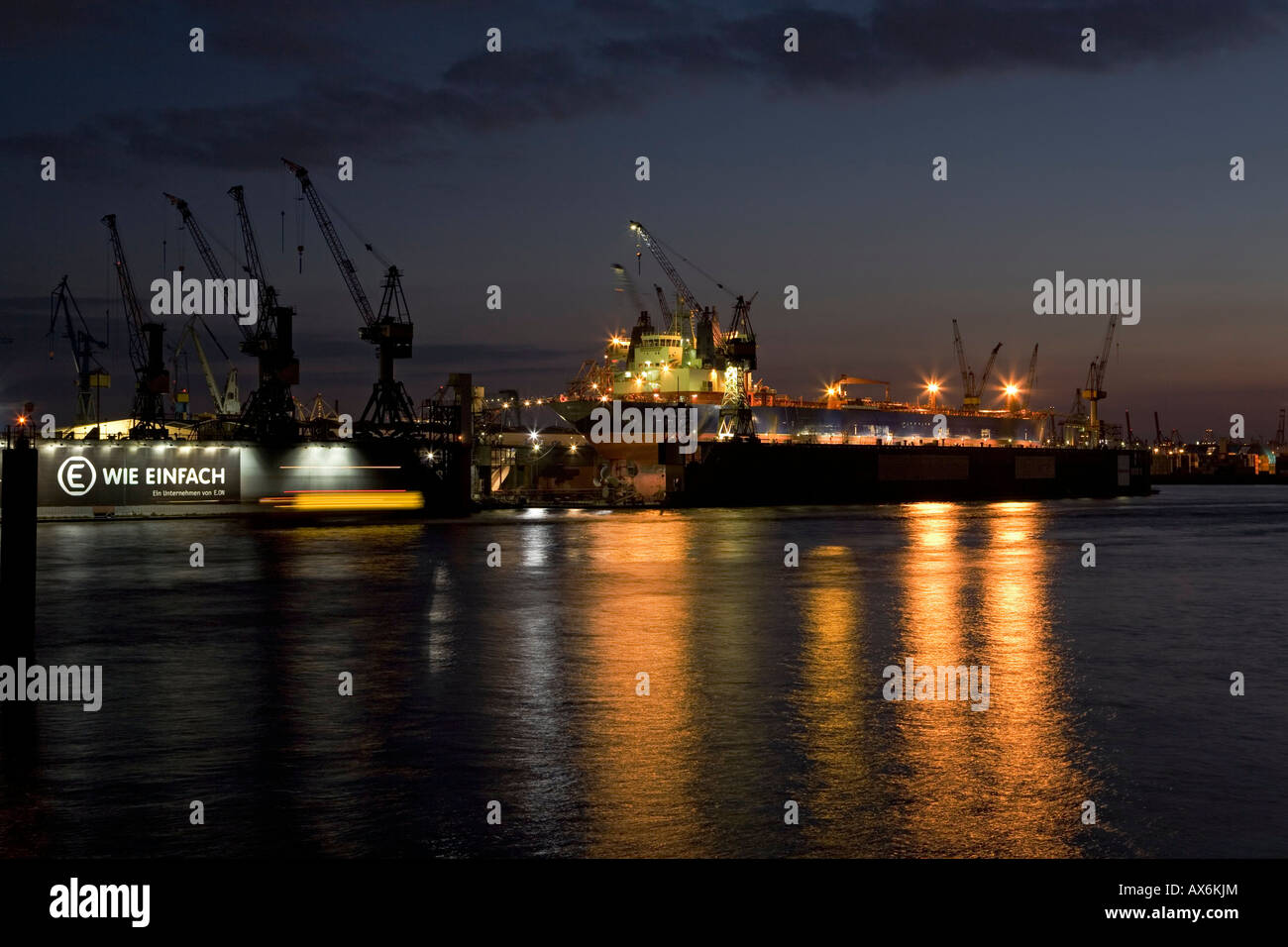 Ship at harbor at night, Hamburg Harbor, Hamburg, Germany Stock Photo ...