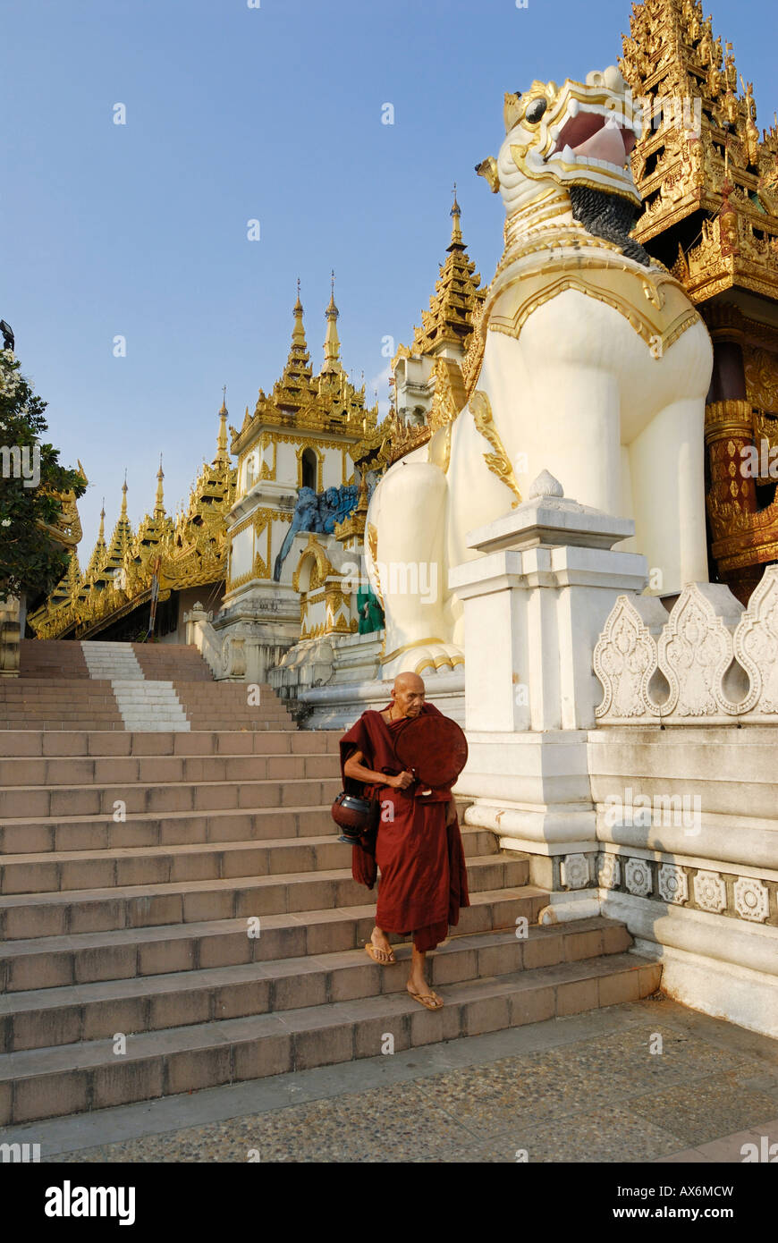 Buddhist monk walking down steps of Buddhist temple, Shwedagon Pagoda ...