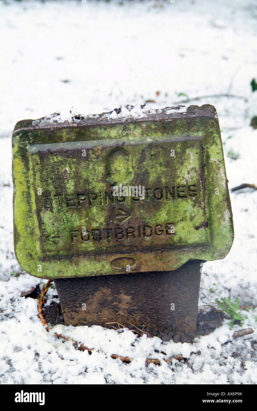 a Snow national trust sign post directing to either stepping stones or ...