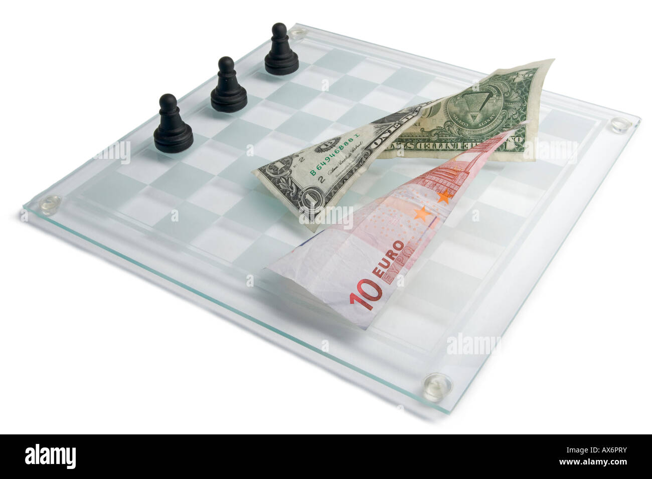 Chess and bills on a chess board on a white background Horizontal shot ...