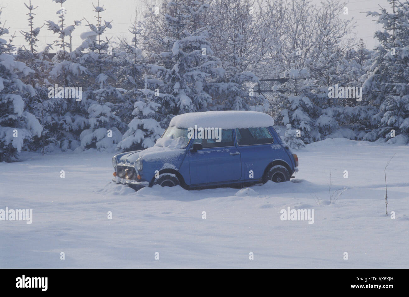 Blue car in the snow snowed Stock Photo - Alamy