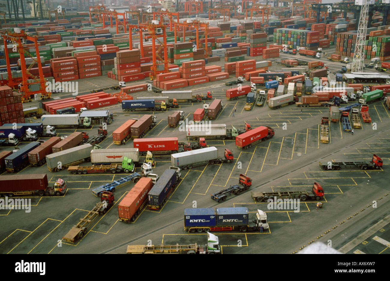 Shipping trucks line up at Hutchinson Container Terminal in Hong Kong ...