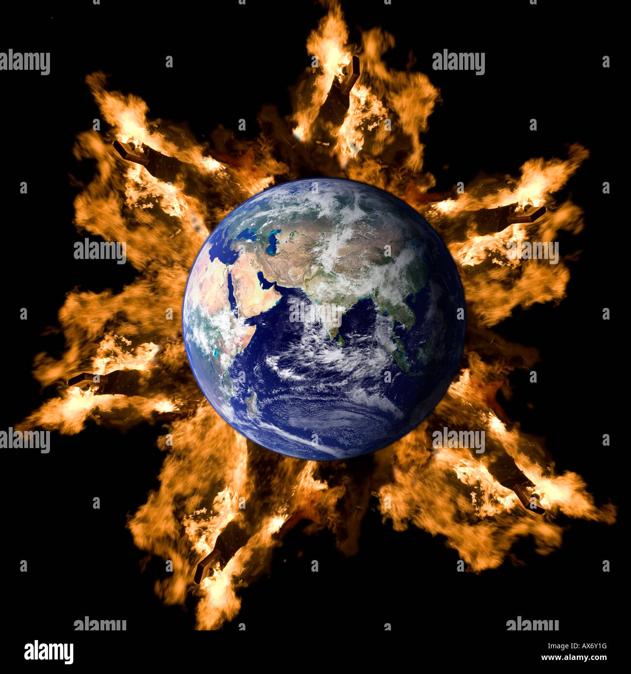 Earth globe in front of flames the Earth map is public domain from NASA ...