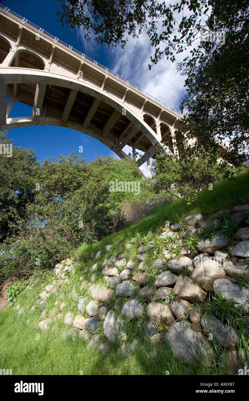 Old stonewall underneath Pasadena Colorado street Bridge Stock Photo ...