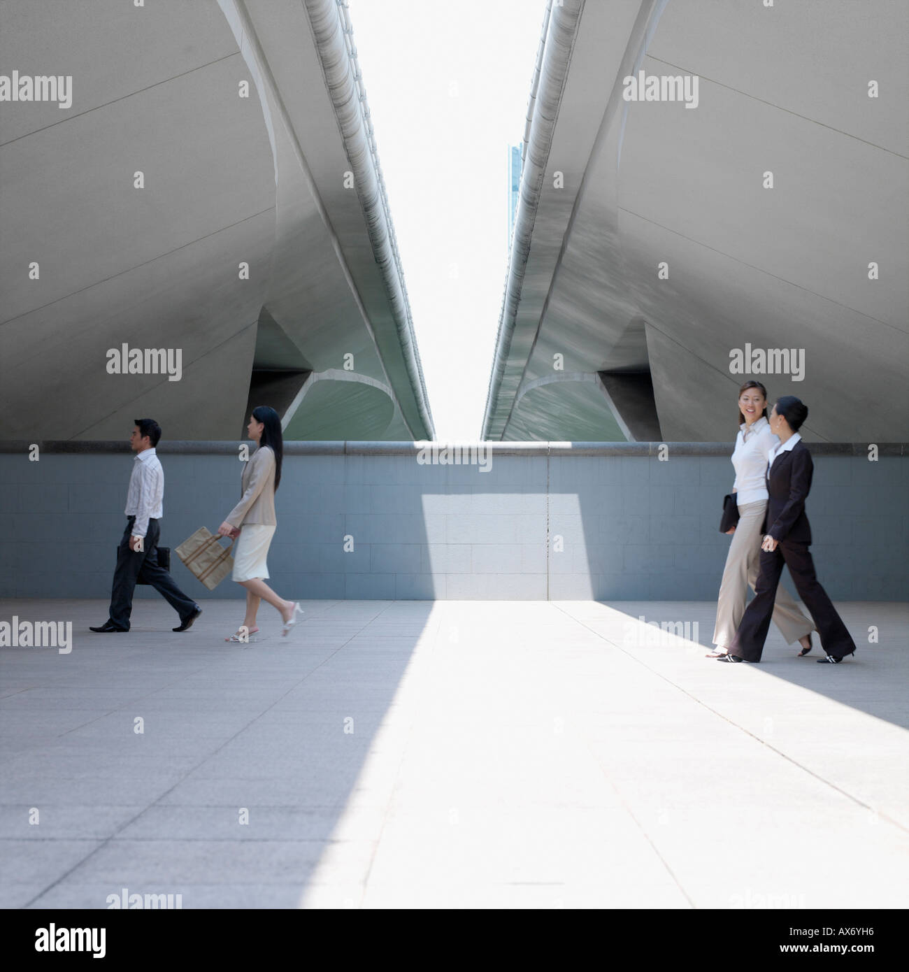 Side profile of three businesswomen and a businessman walking Stock ...