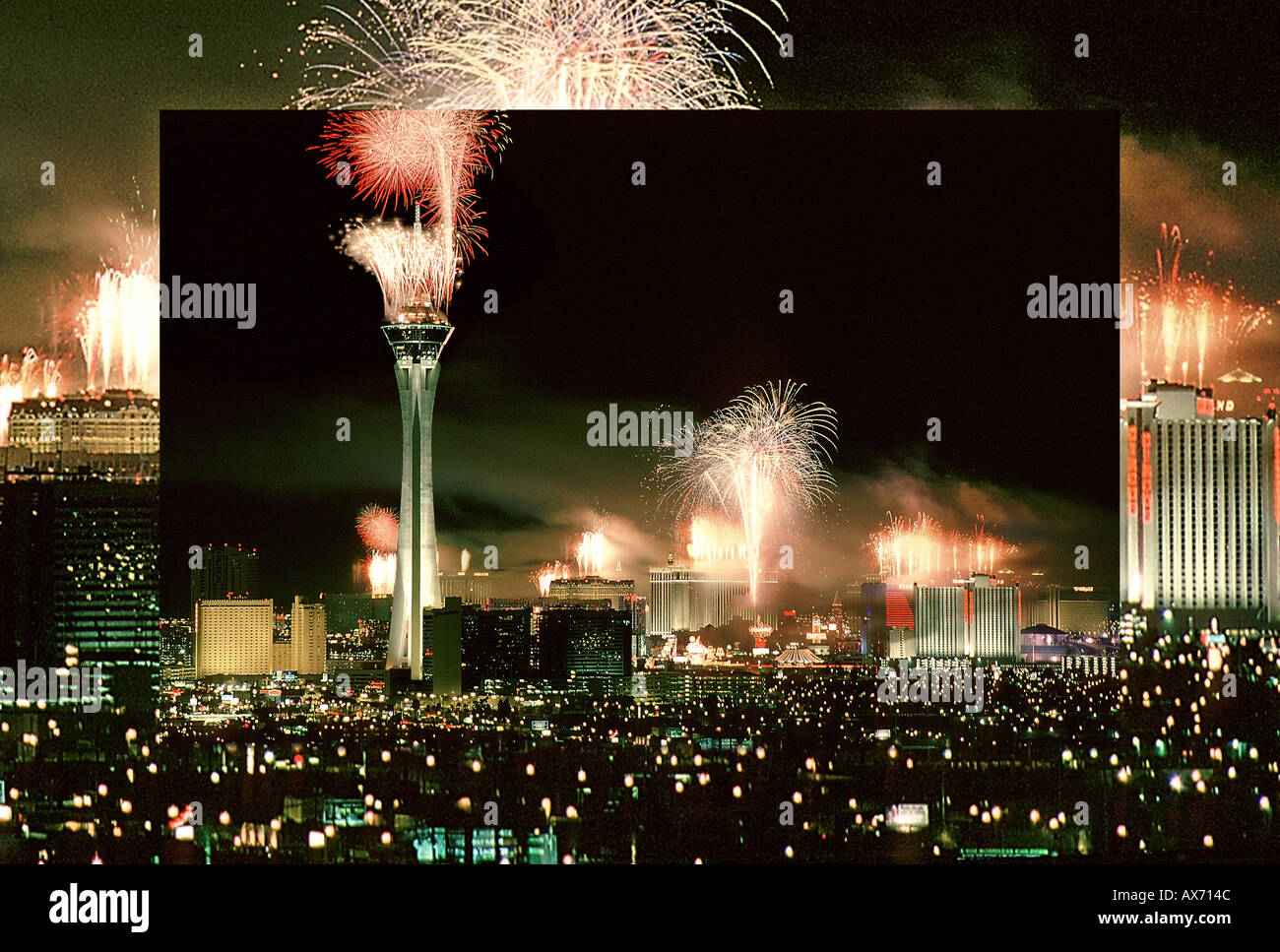 Fantasy view of massive fireworks display in Las Vegas Nevada Stock ...