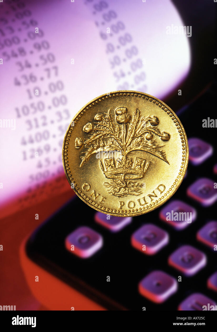 UK Pound coin with calculator and figure list printout Stock Photo - Alamy