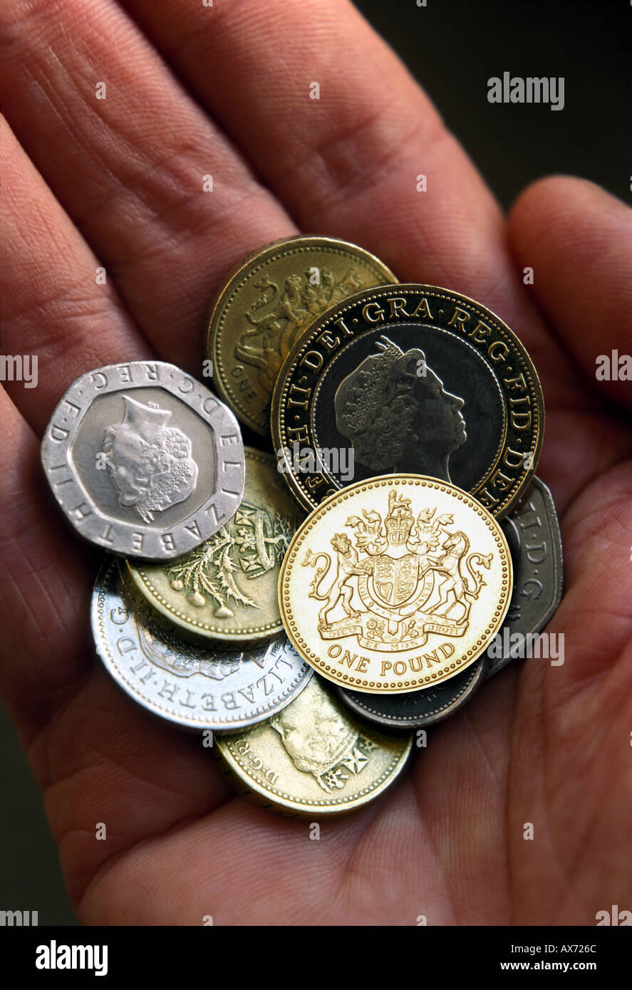 Holding UK Pound currency coins in palm of hand Stock Photo - Alamy