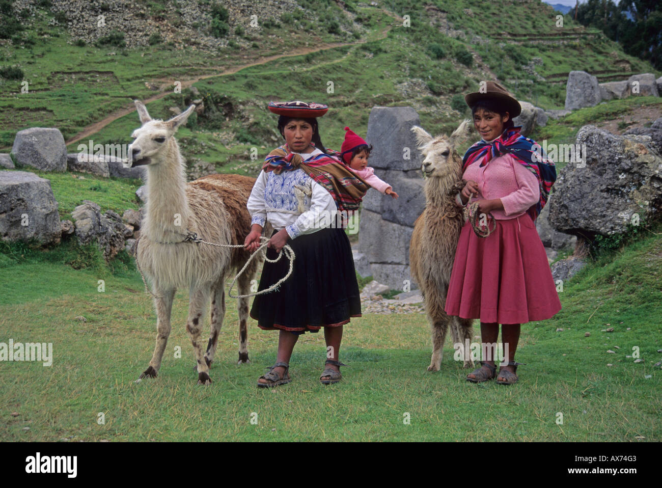 Indian families with their llamas in Machu Picchu Peru South America ...