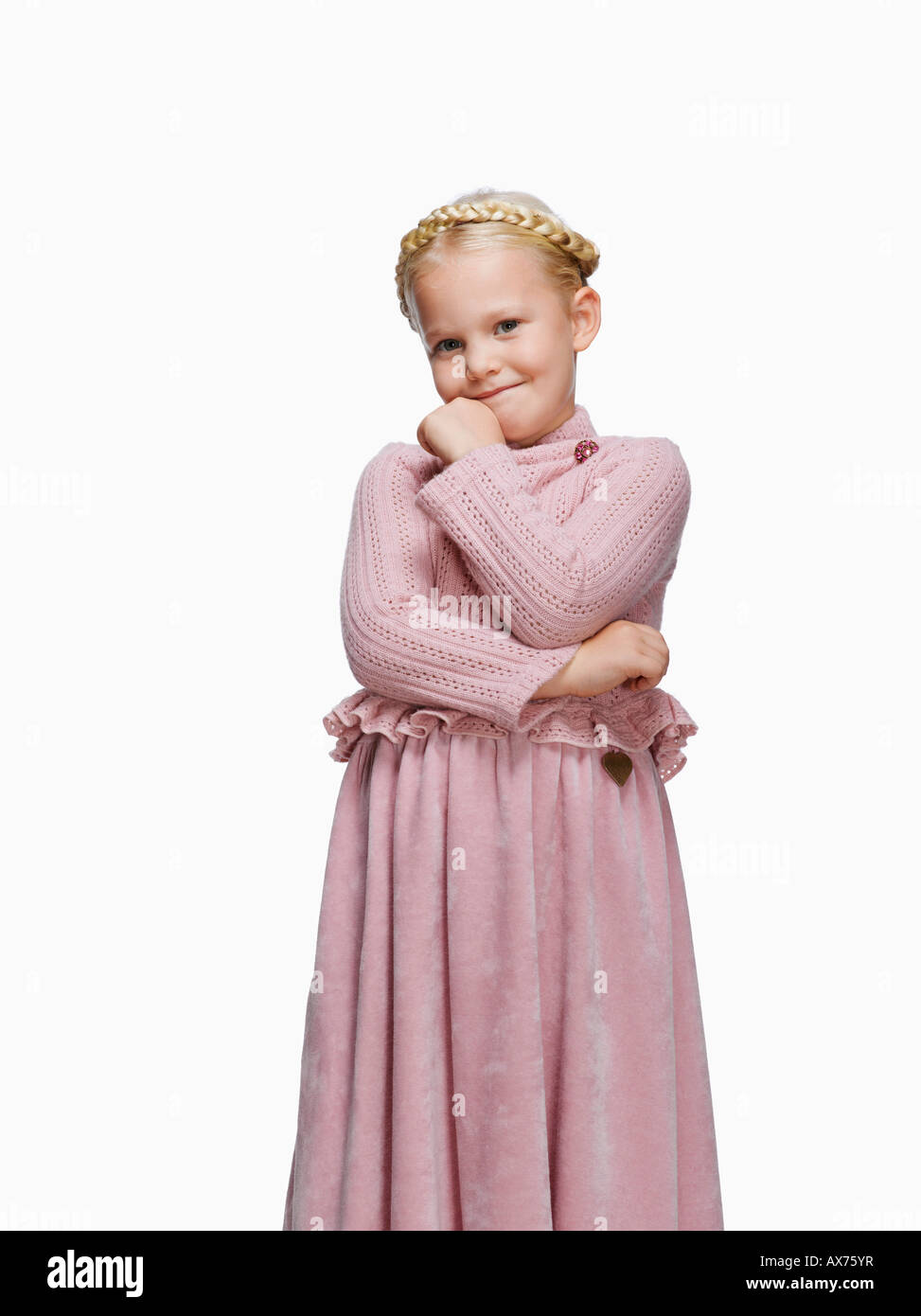 Blond girl (6-8) in a dress, portrait Stock Photo - Alamy
