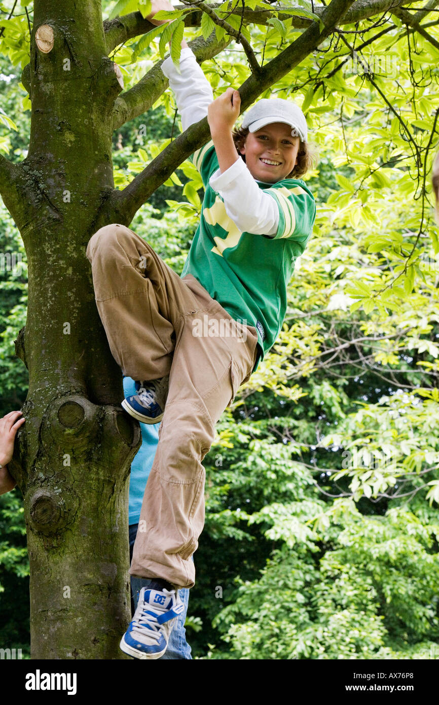 Portrait of a boy climbing a tree Stock Photo - Alamy