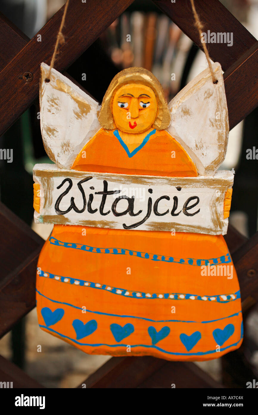 Wooden angel holding "Welcome" sign (Witajcie), Polish souvenirs for ...