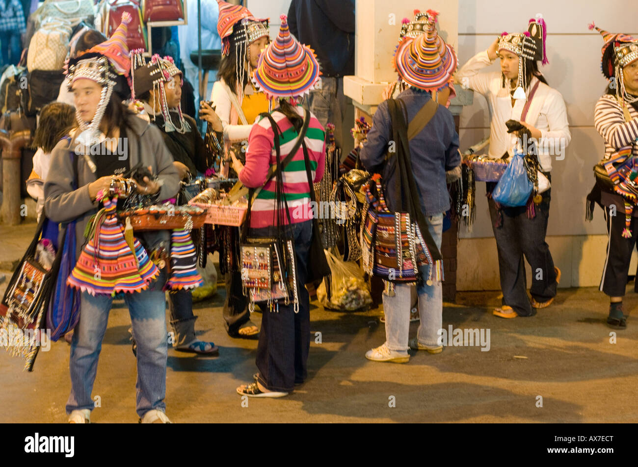 Women in Hill Tribe costumes in the Night Bazaar Chiang Mai Thailand ...