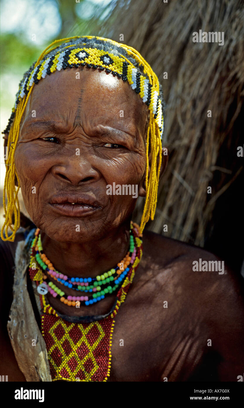 San Bushman woman portraiture glass beads Otjozondjupa Region Namibia ...