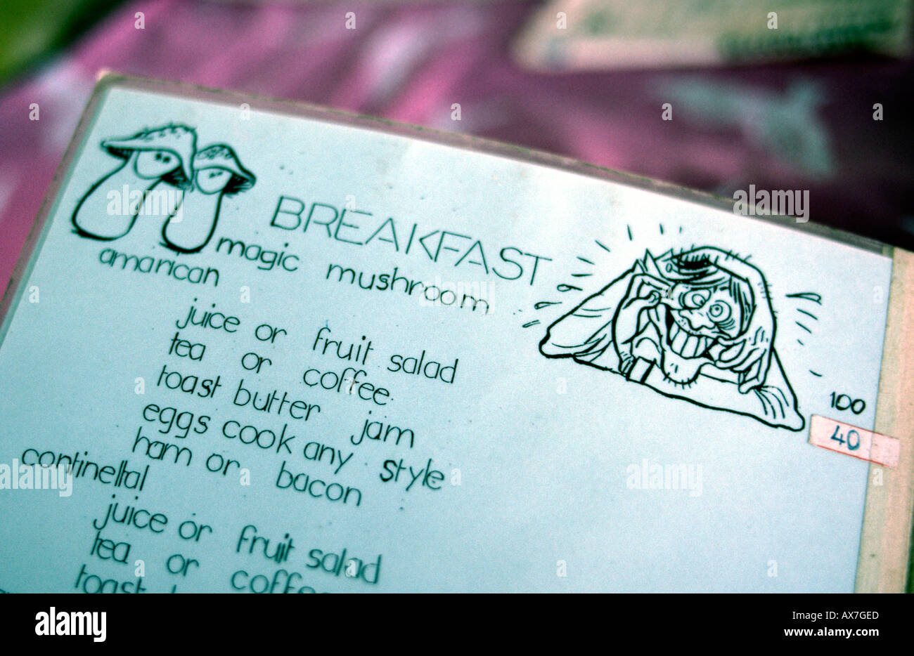 Menu advertising "magic mushrooms". Ko Pang Gan, Thailand Stock Photo ...