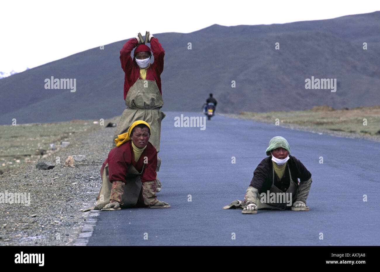 Prostrating nuns on a pilgrimage. Yangpachen, Ü Province, Tibet Stock ...