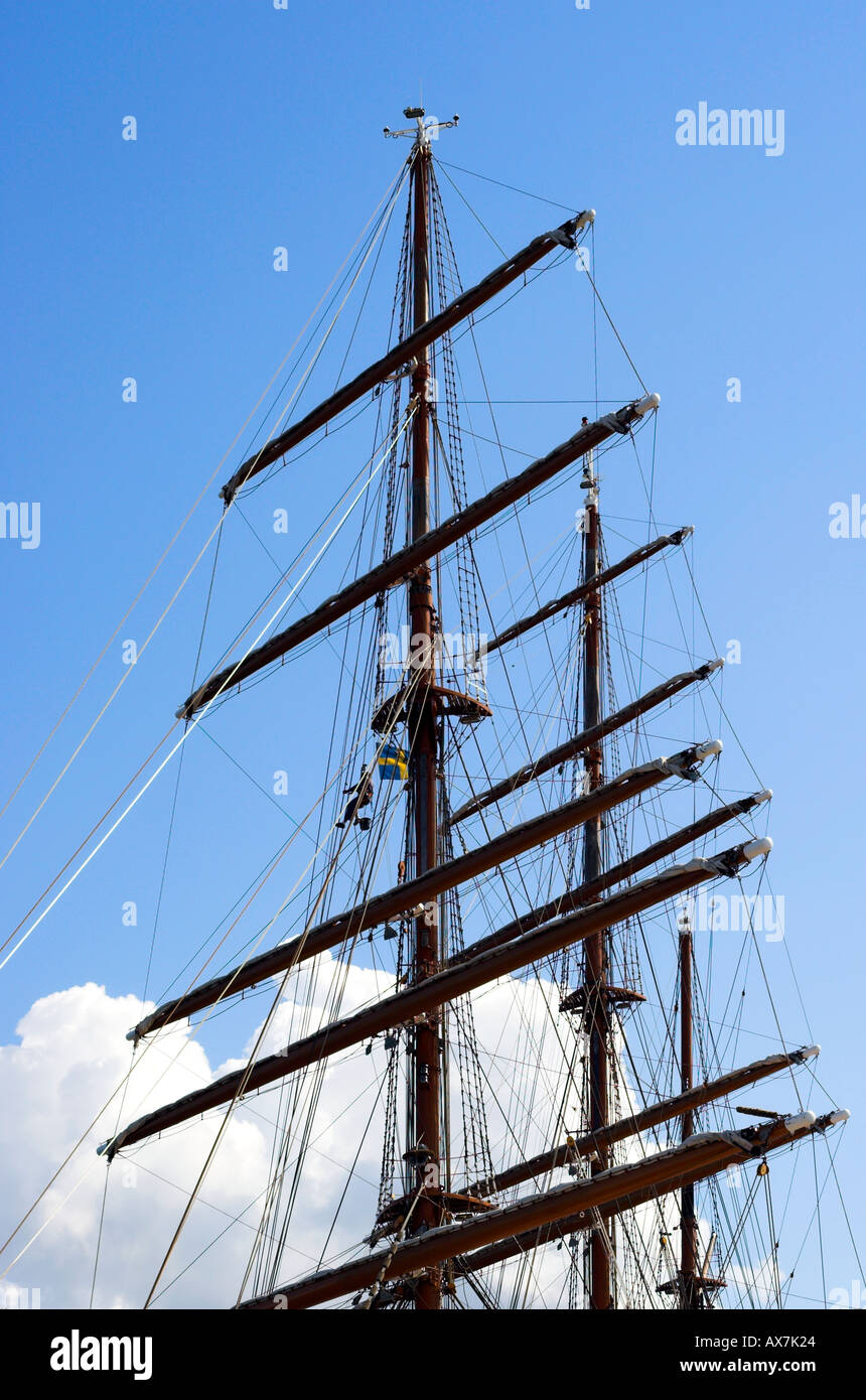 Traditional sail ship mast with rig of tall ship docked in Stockholm ...
