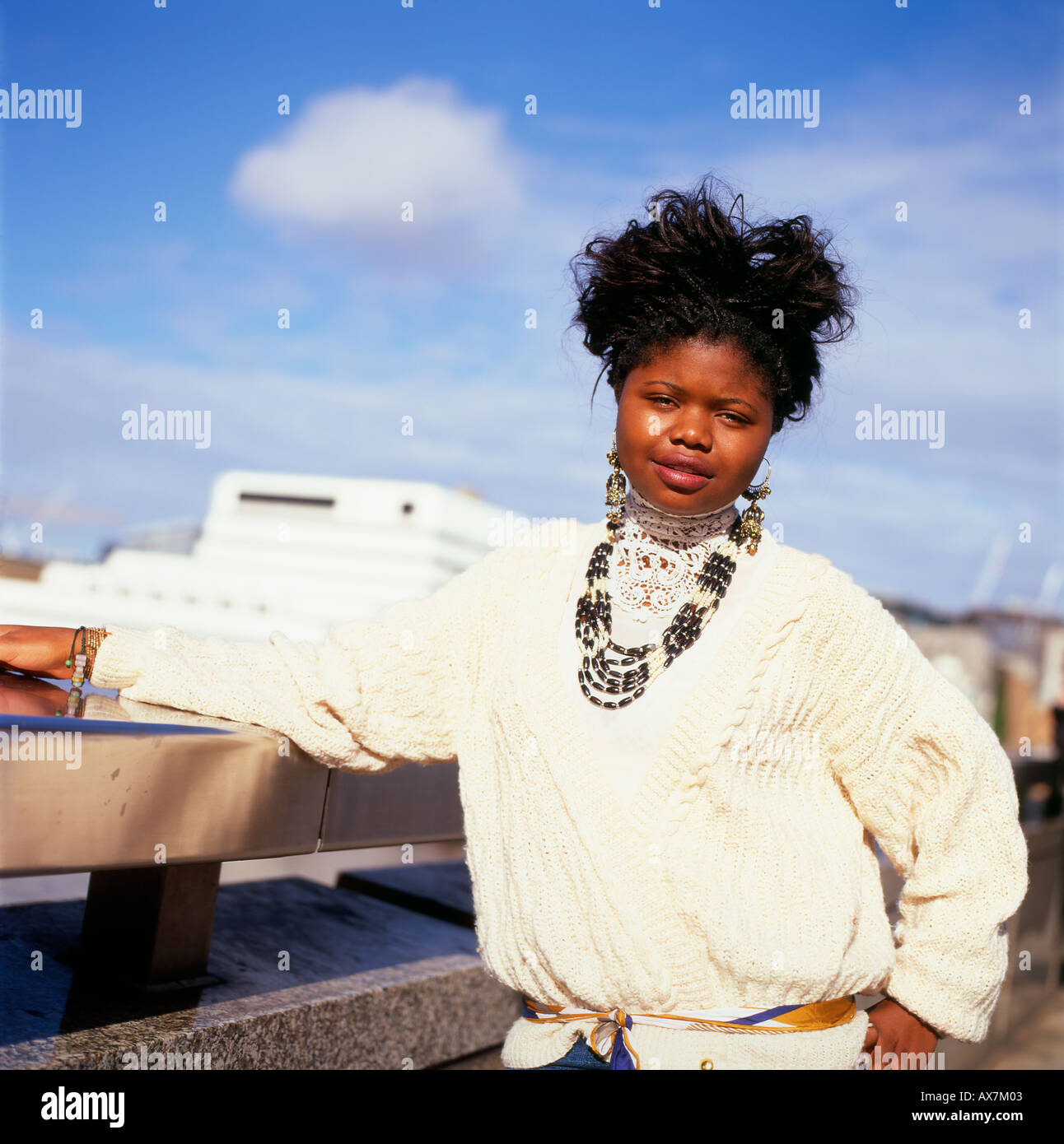 Black female teenage fashion student in Victorian clothing on London ...