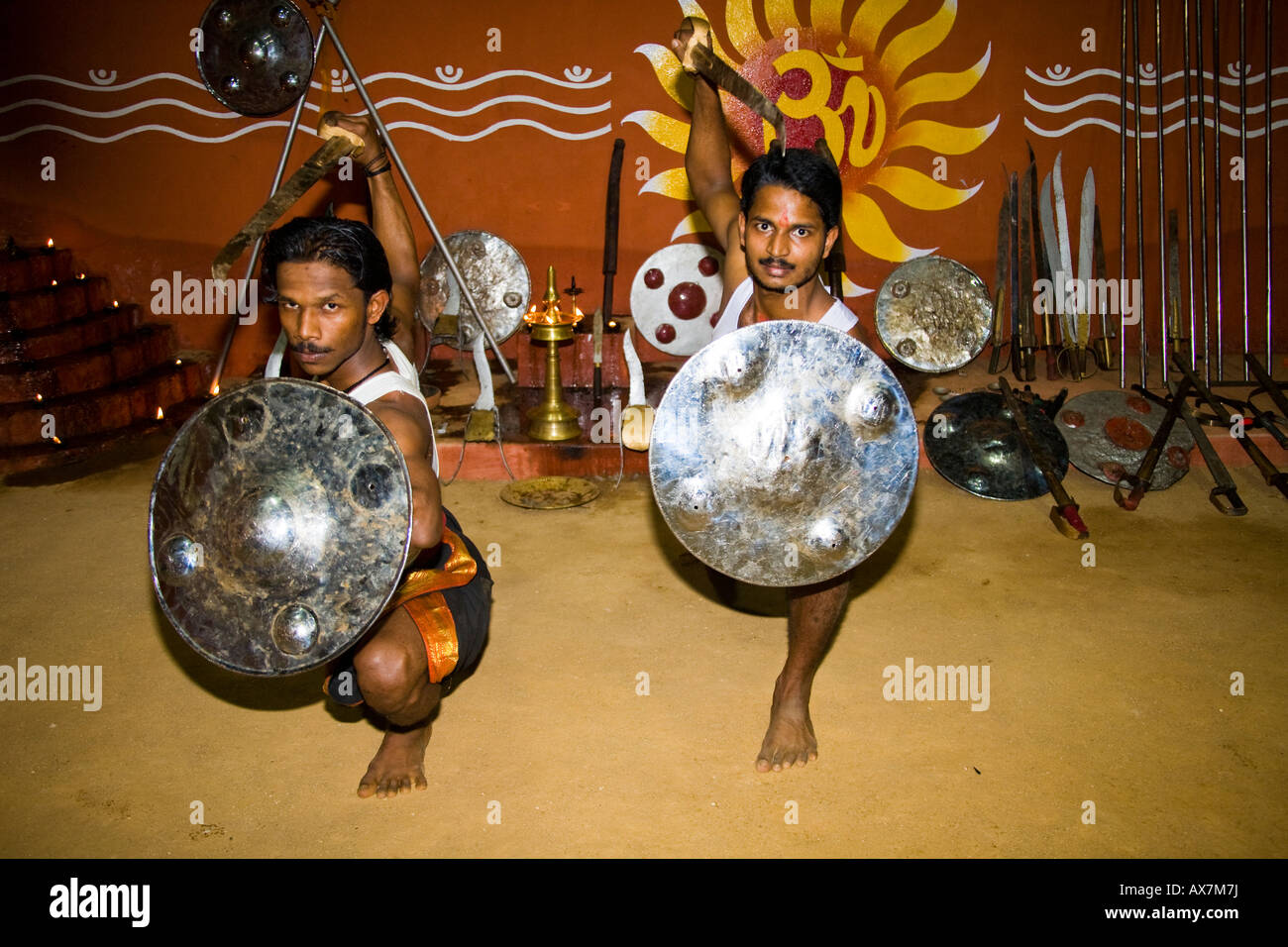 Kalarippayattu martial arts performers posing, Kerala Kalari Centre ...