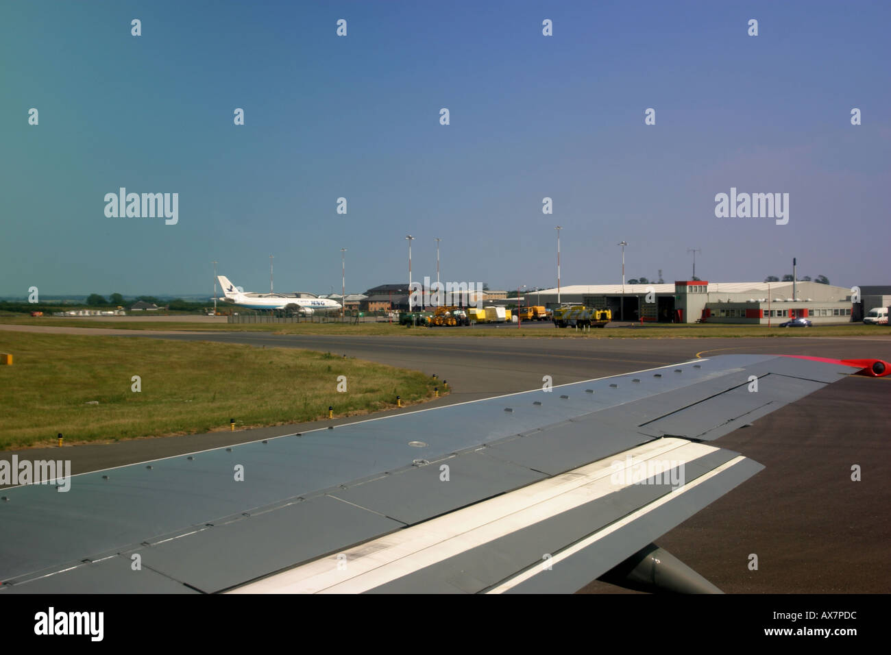 Nottingham East Midlands Airport terminal viewed from the airplane ...