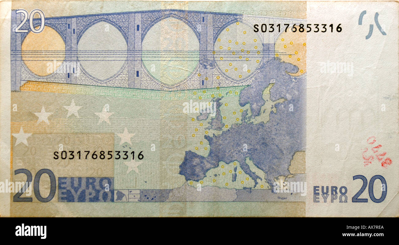 The reverse side of a 20 Euro note against a white background Stock ...