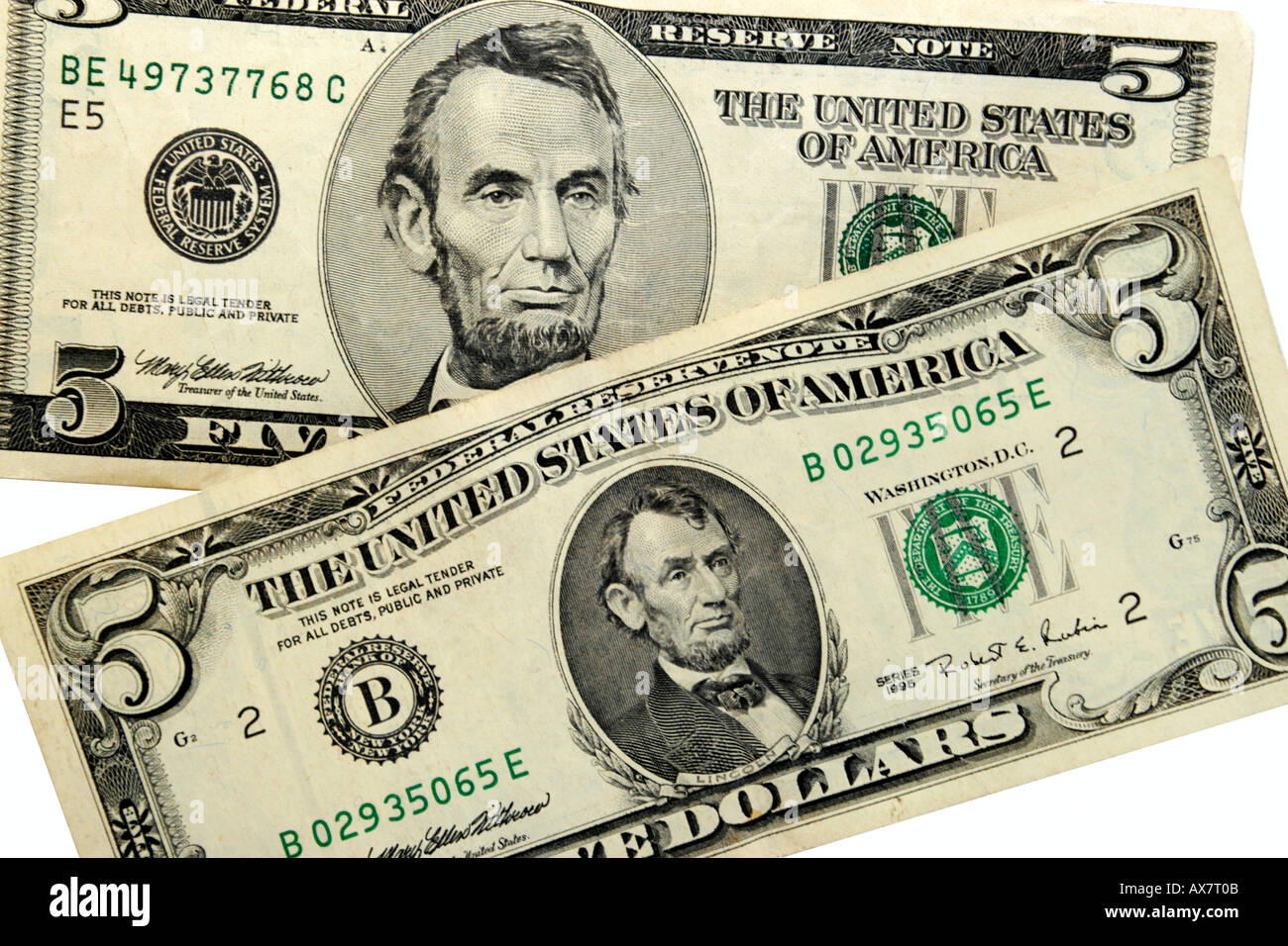 Two styles American Five Dollar bills Stock Photo - Alamy