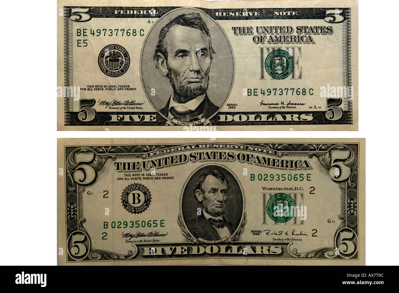 Two styles American Five Dollar bills Stock Photo - Alamy