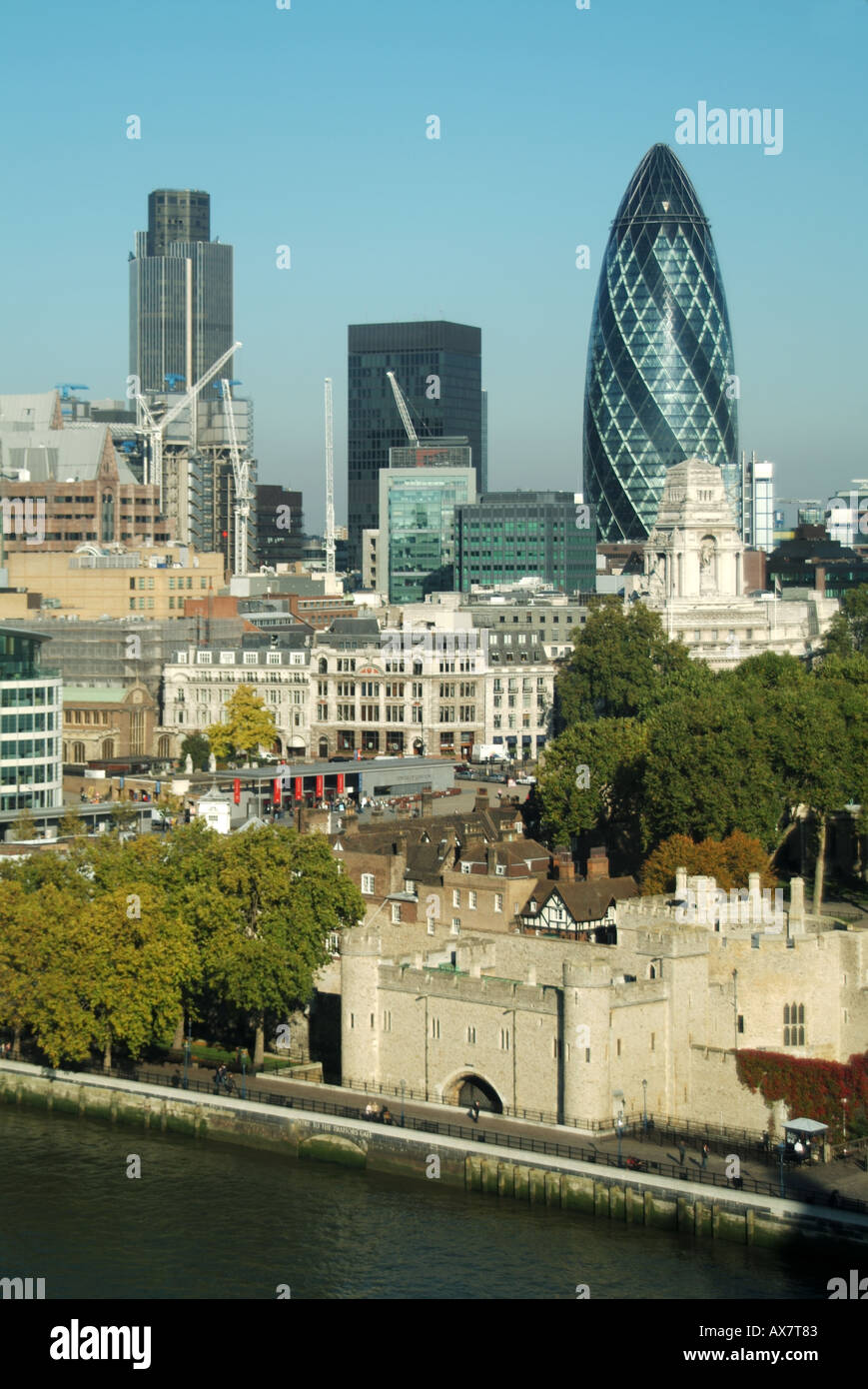 City of London skyline beside River Thames landmark Gherkin Building ...
