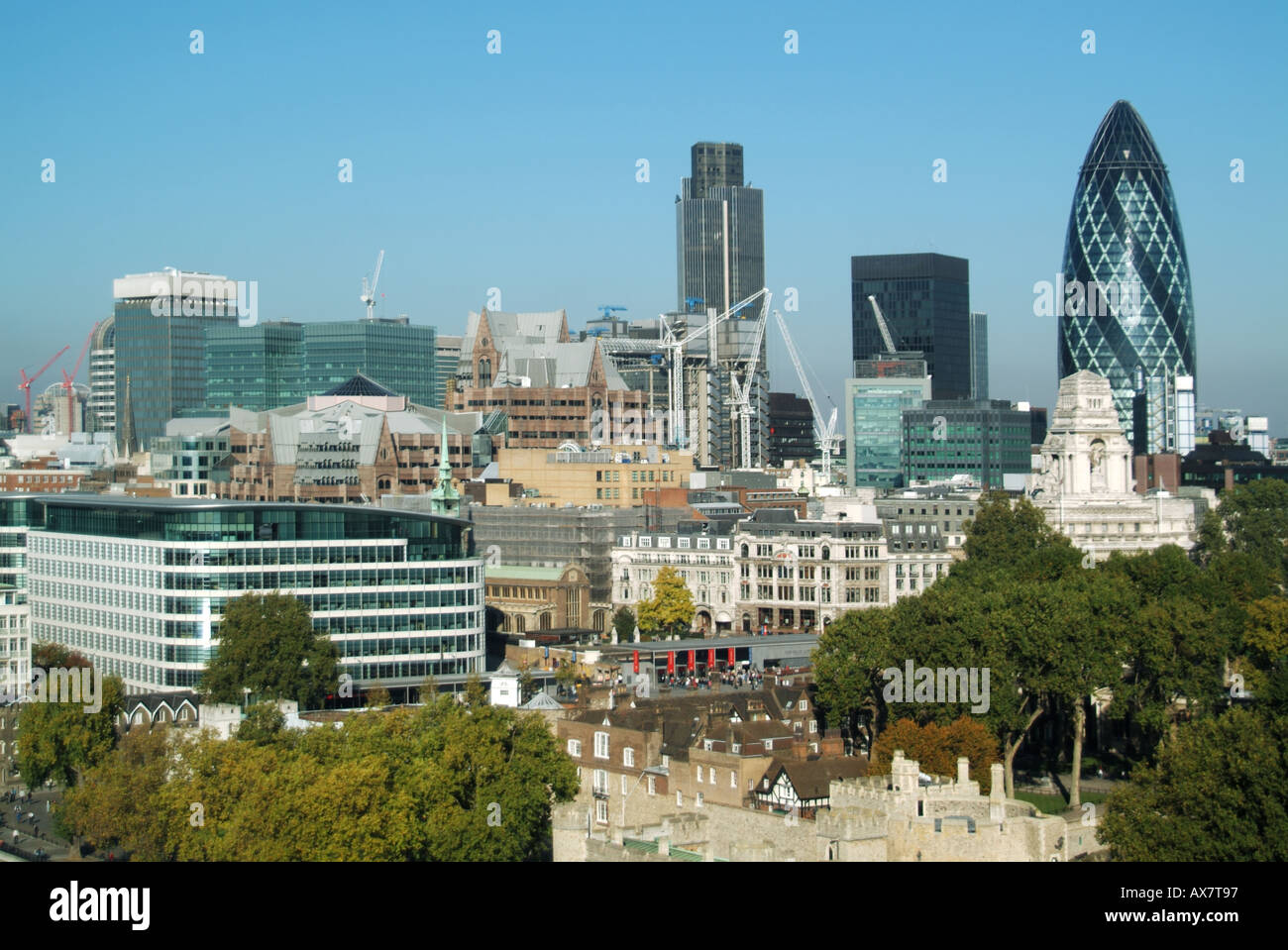City of London skyline includes Tower of London red payment booths ...