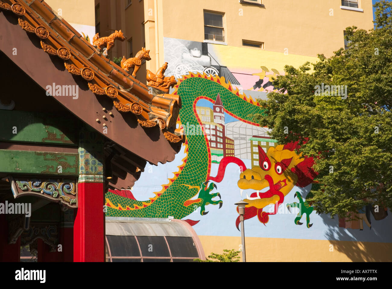 Seattle Washington Dragon mural and pagoda detail in Hing Hay Park in ...