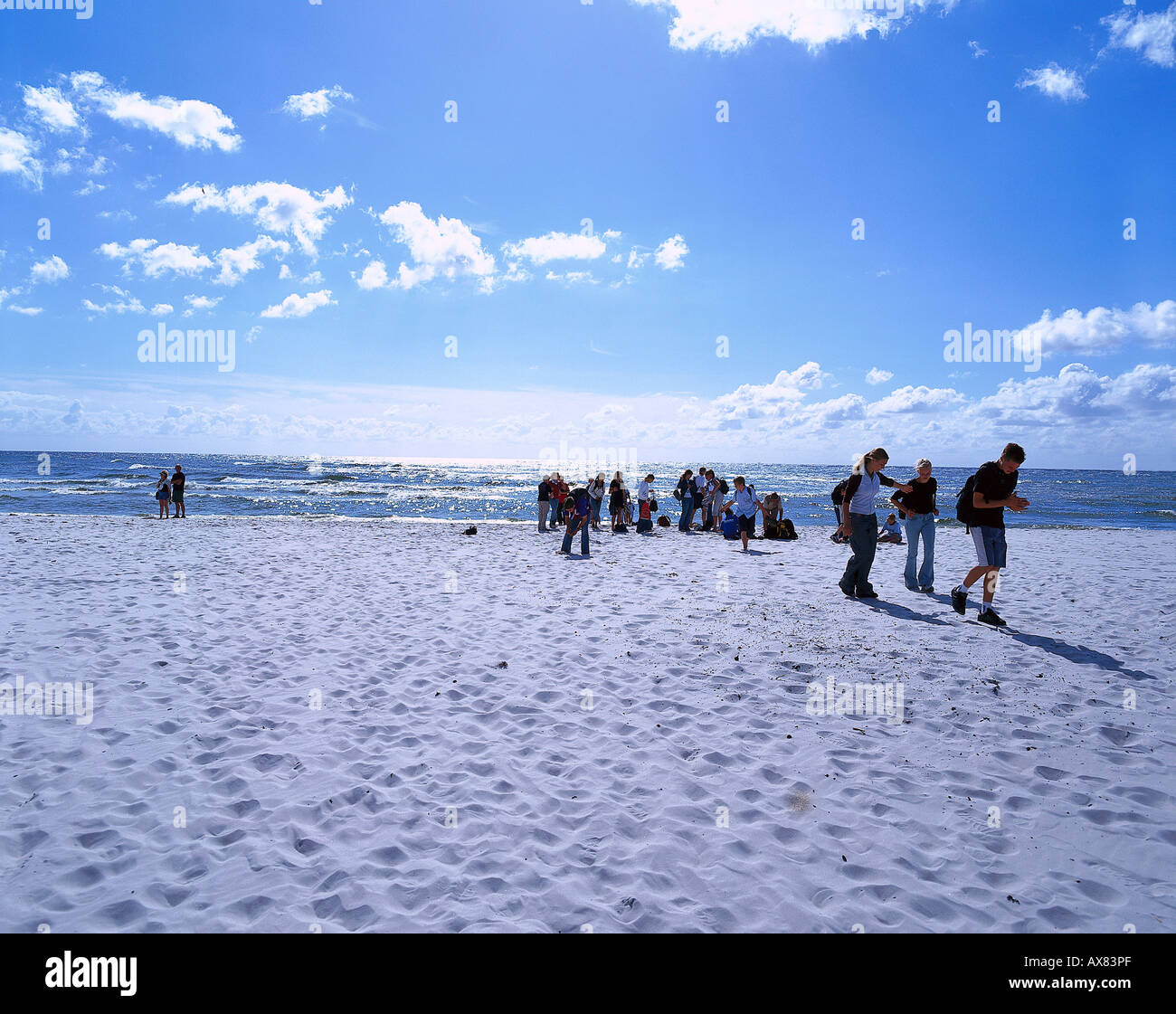 People on the beach in the sunlight, Dueodde, Bornholm, Denmark, Europe ...