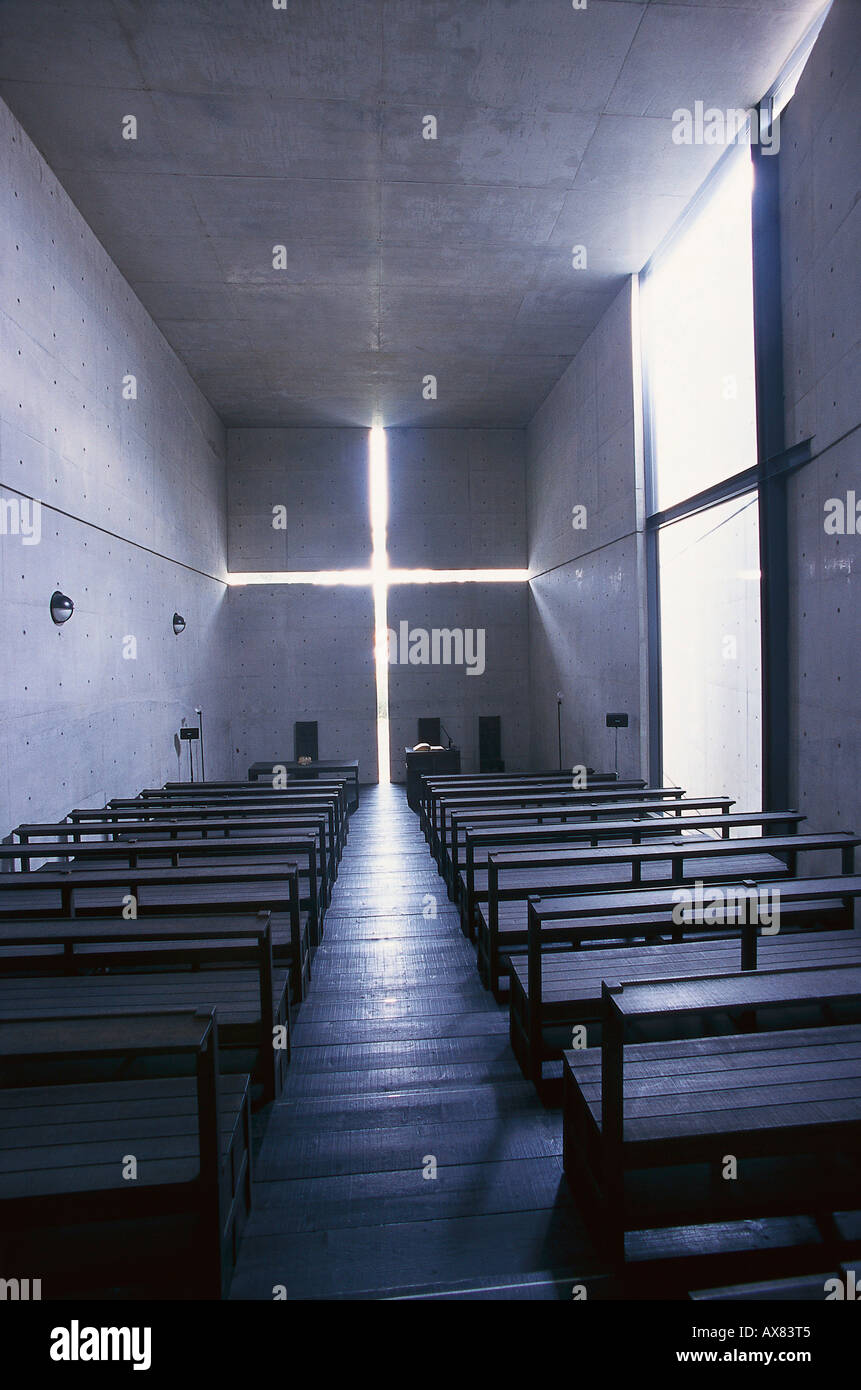 Interior view of a modern church, Church of the Light, Ibaraki City ...
