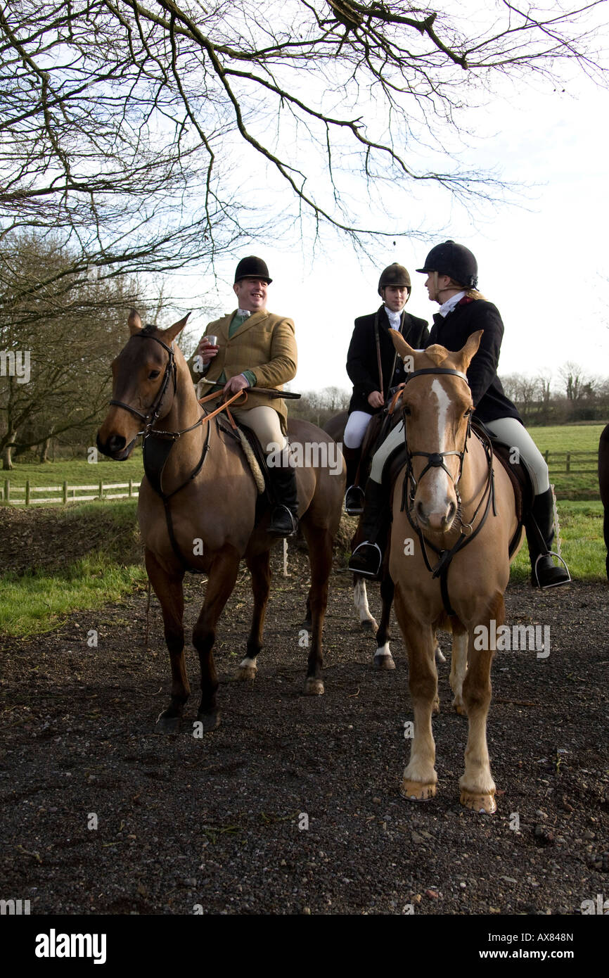 Riders on horses at fox hunt meeting, Pembrokeshire, Wales Stock Photo ...