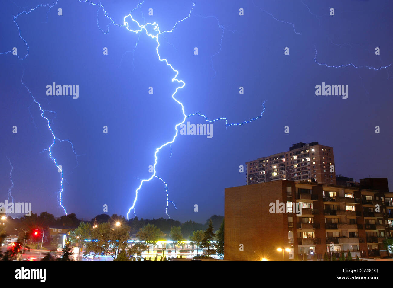 Several lightning bolts strike the ground during a lightning storm ...